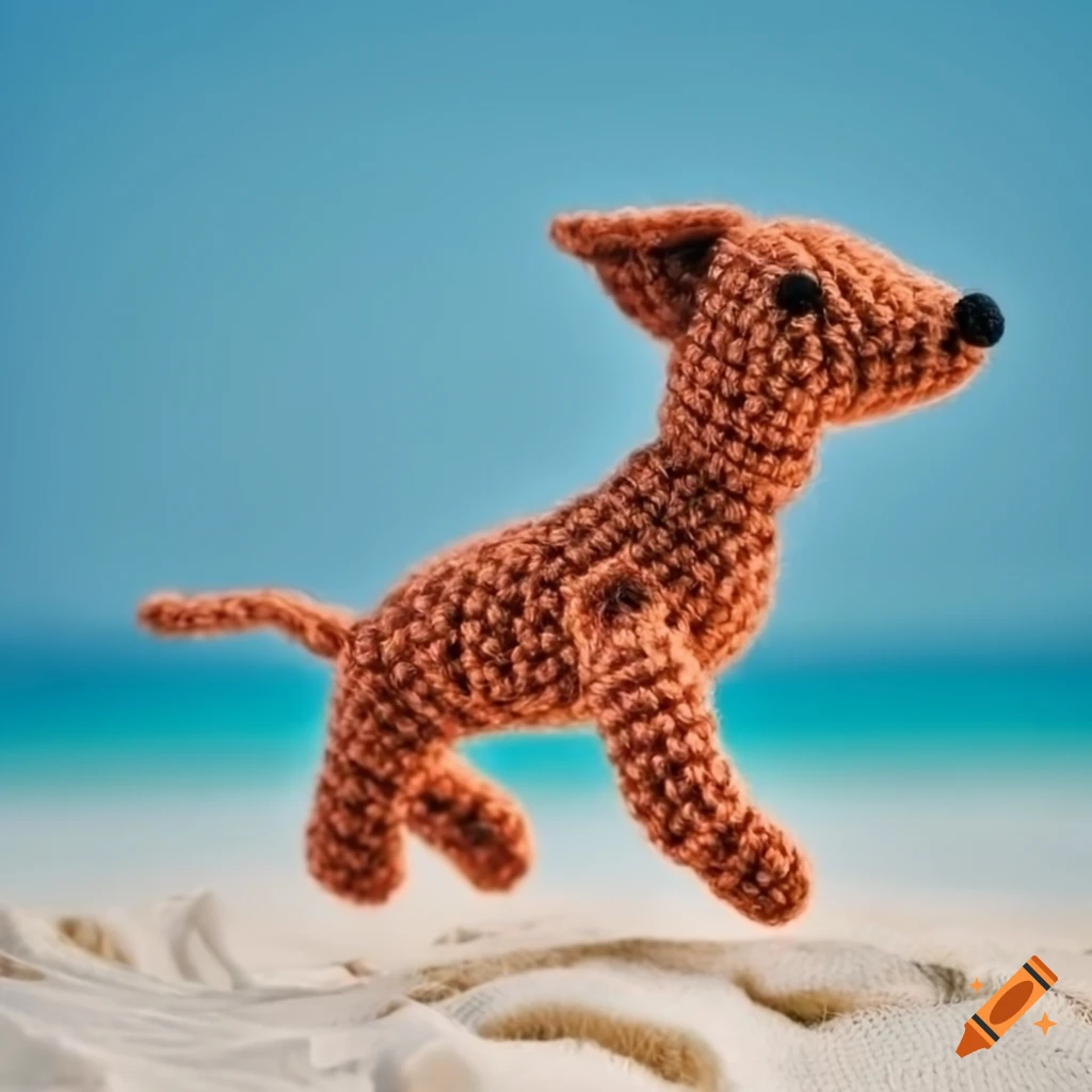 Miniature Pinscher dog breed amigurumi plush toy on a white sand beach ...