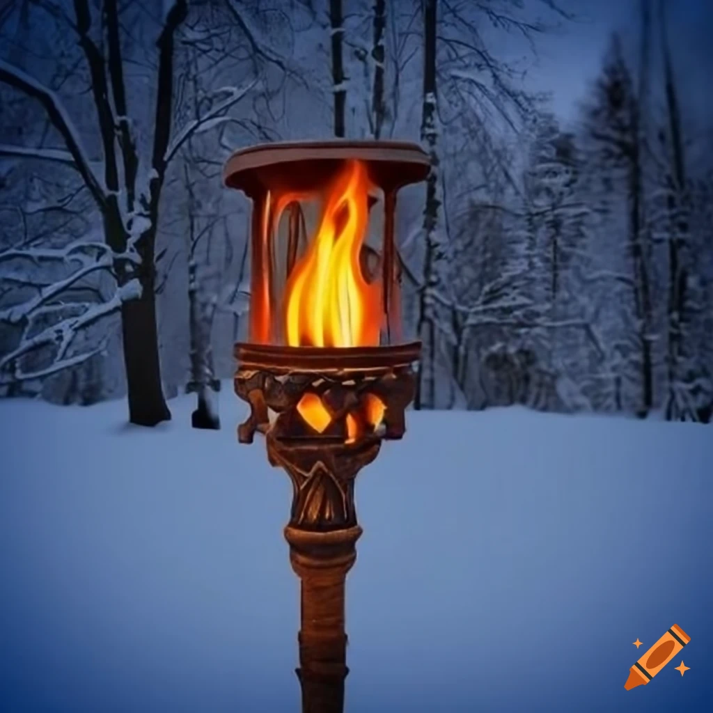 Ornate wooden torch illuminating snowy winter night scene on Craiyon
