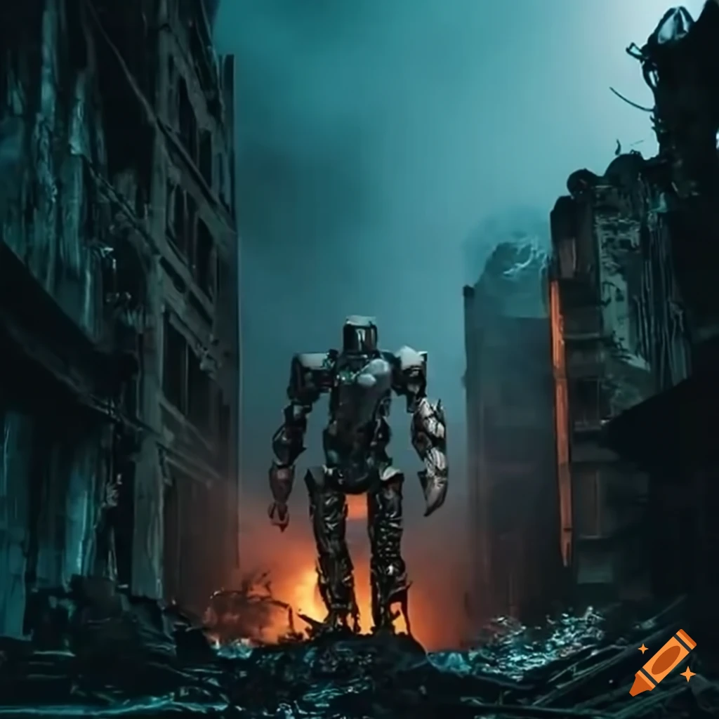 Colossal mecha battling in smoky ruins with collapsing buildings on Craiyon