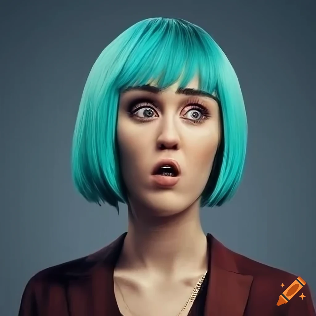 Shocked and amazed miley cyrus with short teal bob hair and fringe on ...