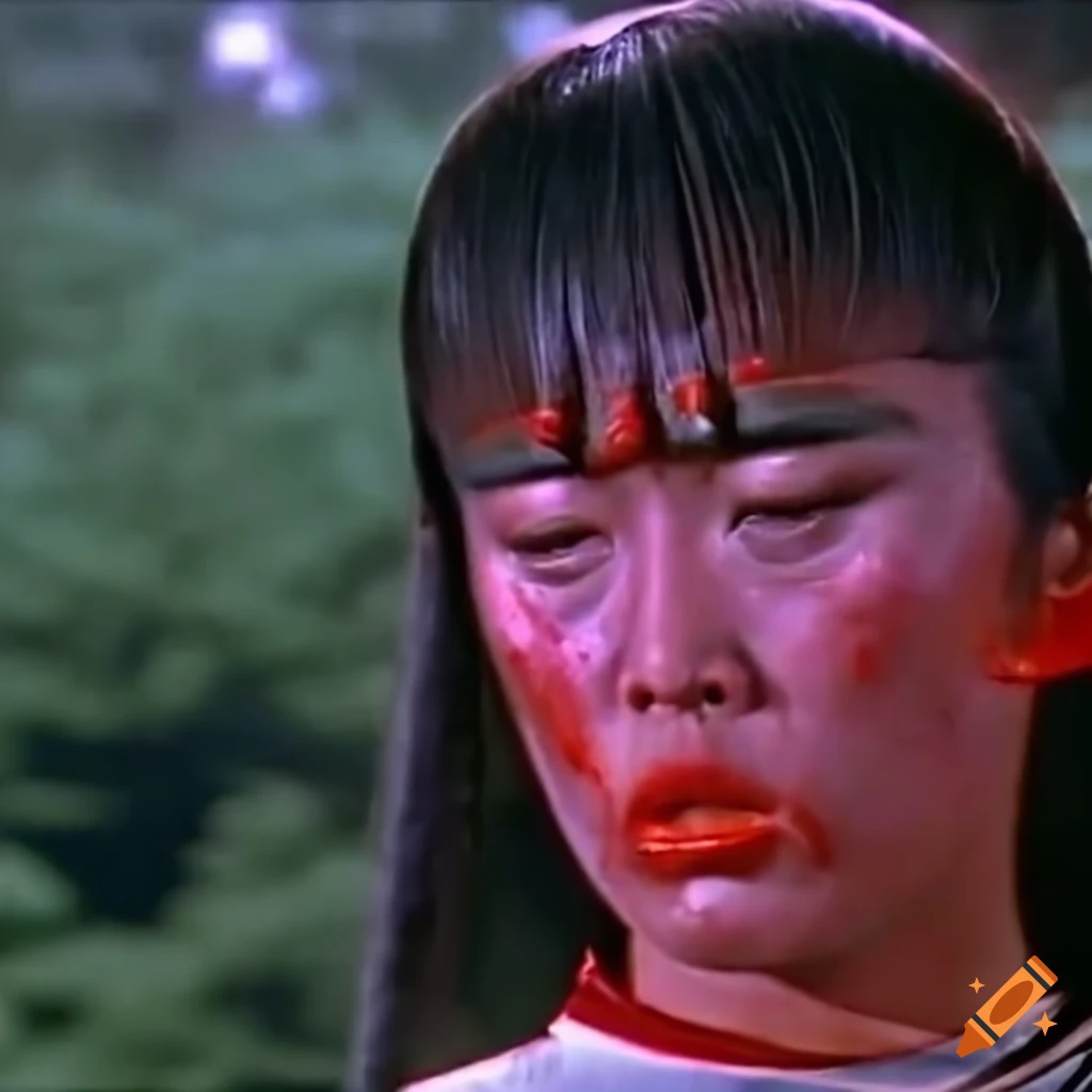 Expressive closeup of a dizzied kung fu fighter in a 70's movie scene ...