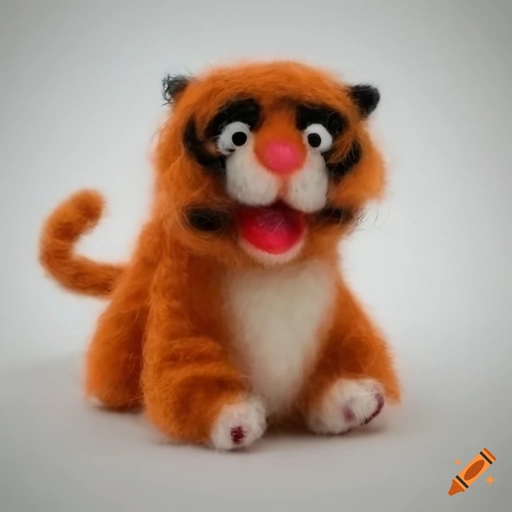 Felted orange wool tiger muppet with fluorescent red eyes on Craiyon