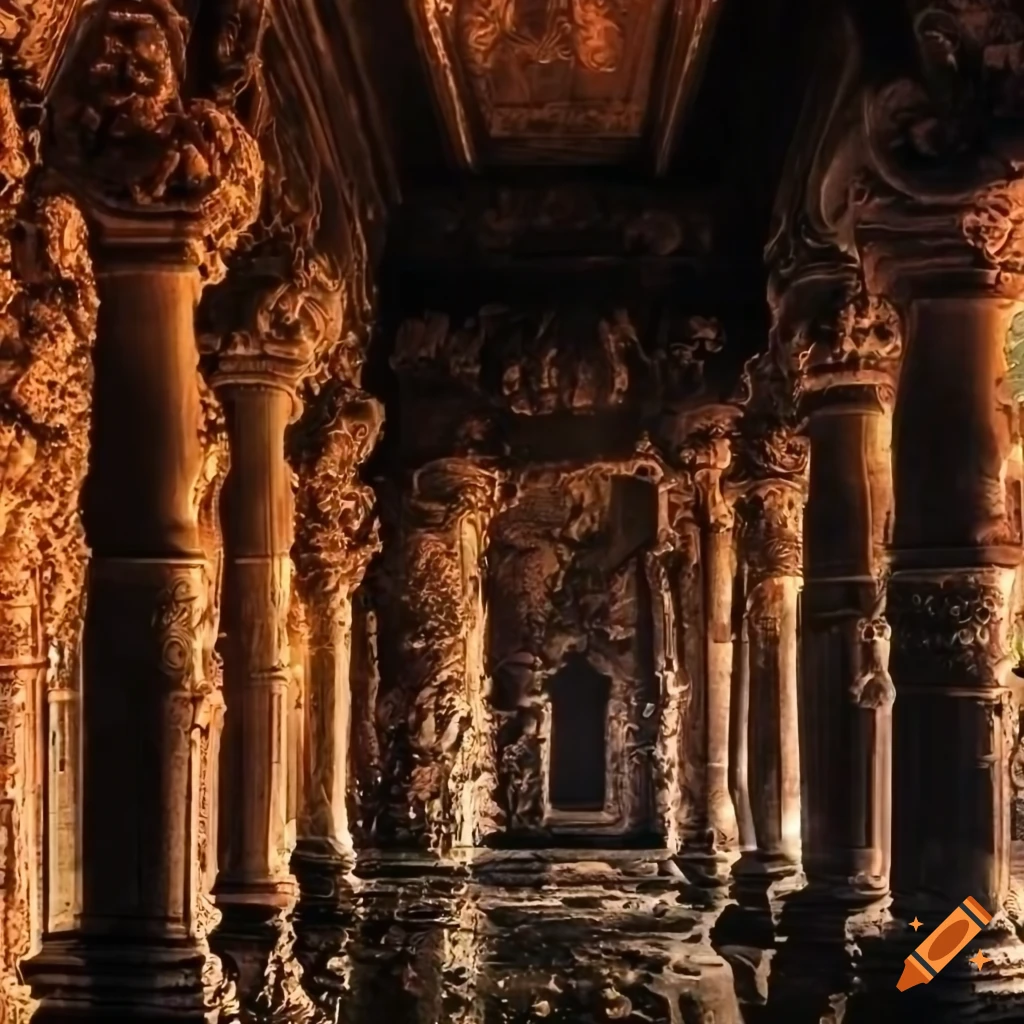 Tall dark temple with clam and lobster sculptures on coral doors in a ...