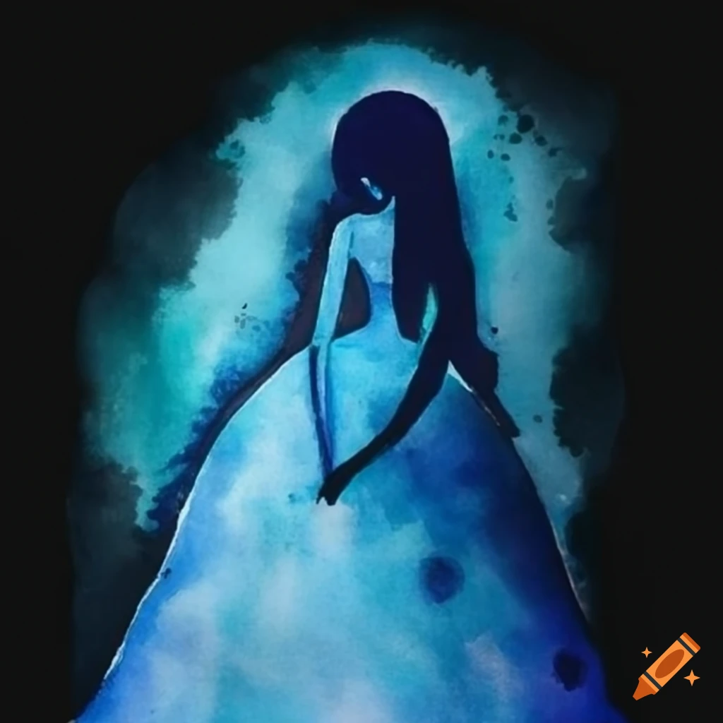 Regal princess crying in a blue watercolor silhouette on Craiyon