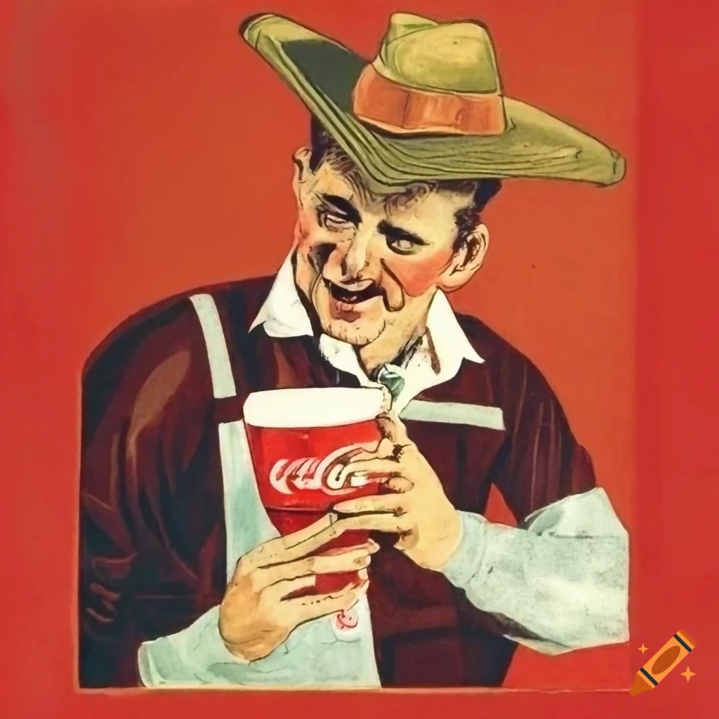 Vintage Coca-Cola ad with farmer drinking a Coke in 1950s style on Craiyon