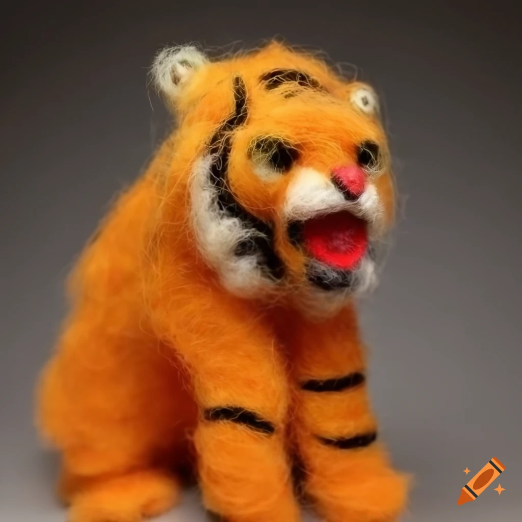 Adorable fluffy tiger muppet with fluorescent red eyes on Craiyon