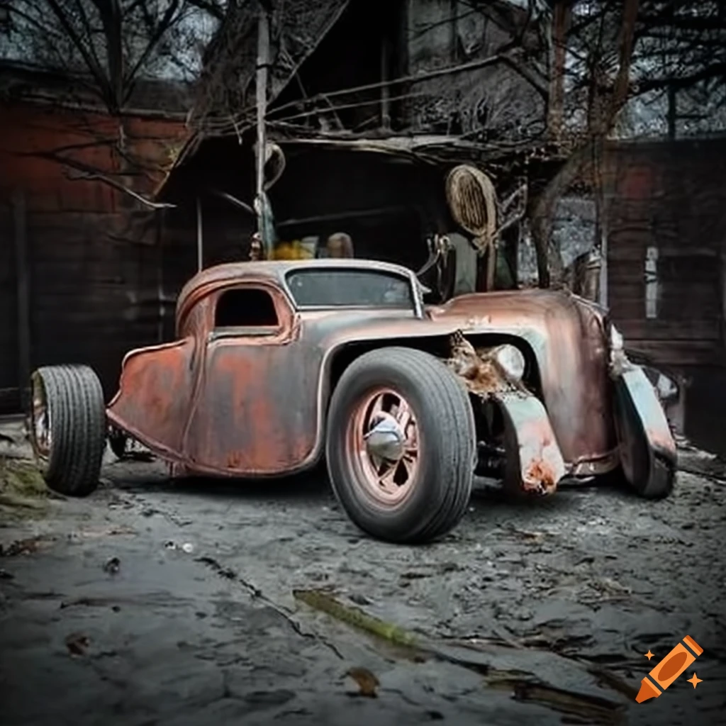 Hot rod car made from shiny scrap metal on Craiyon