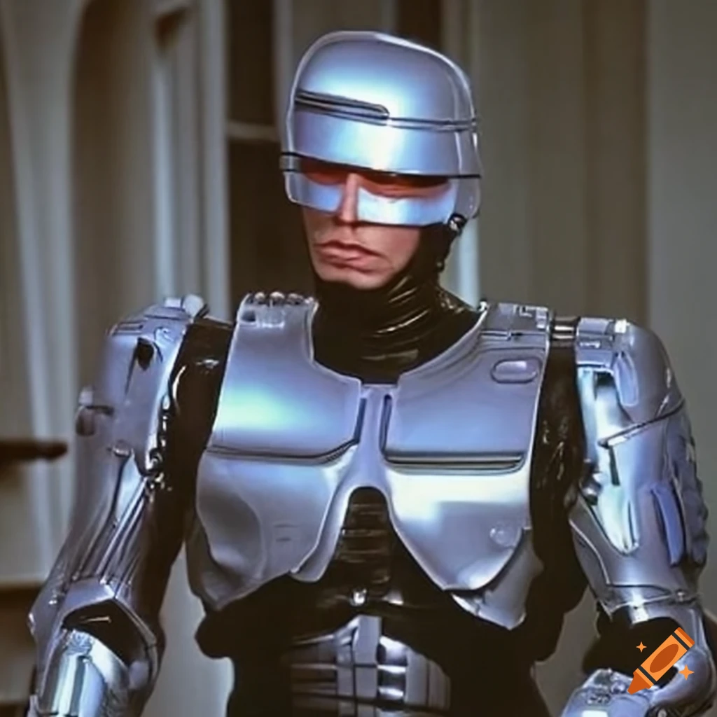 Paul Weller transforming into Robocop in a Society movie scene on Craiyon