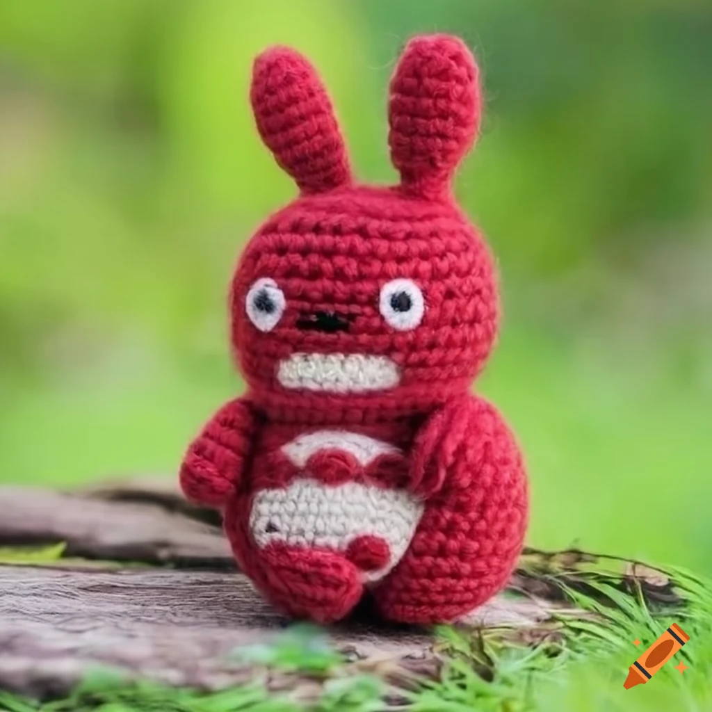 Cute red Totoro soft toy in a garden landscape on Craiyon