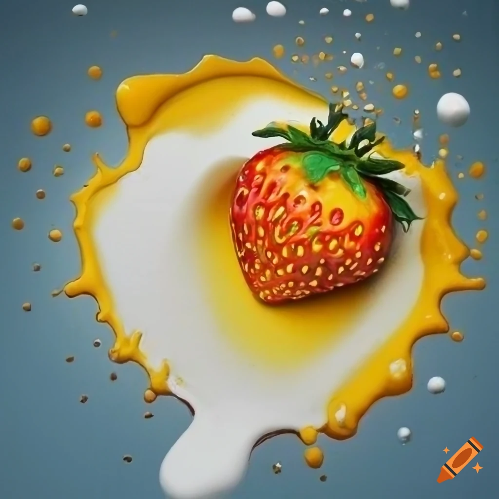 White paint splatter on a yellow strawberry in an artistic style on Craiyon