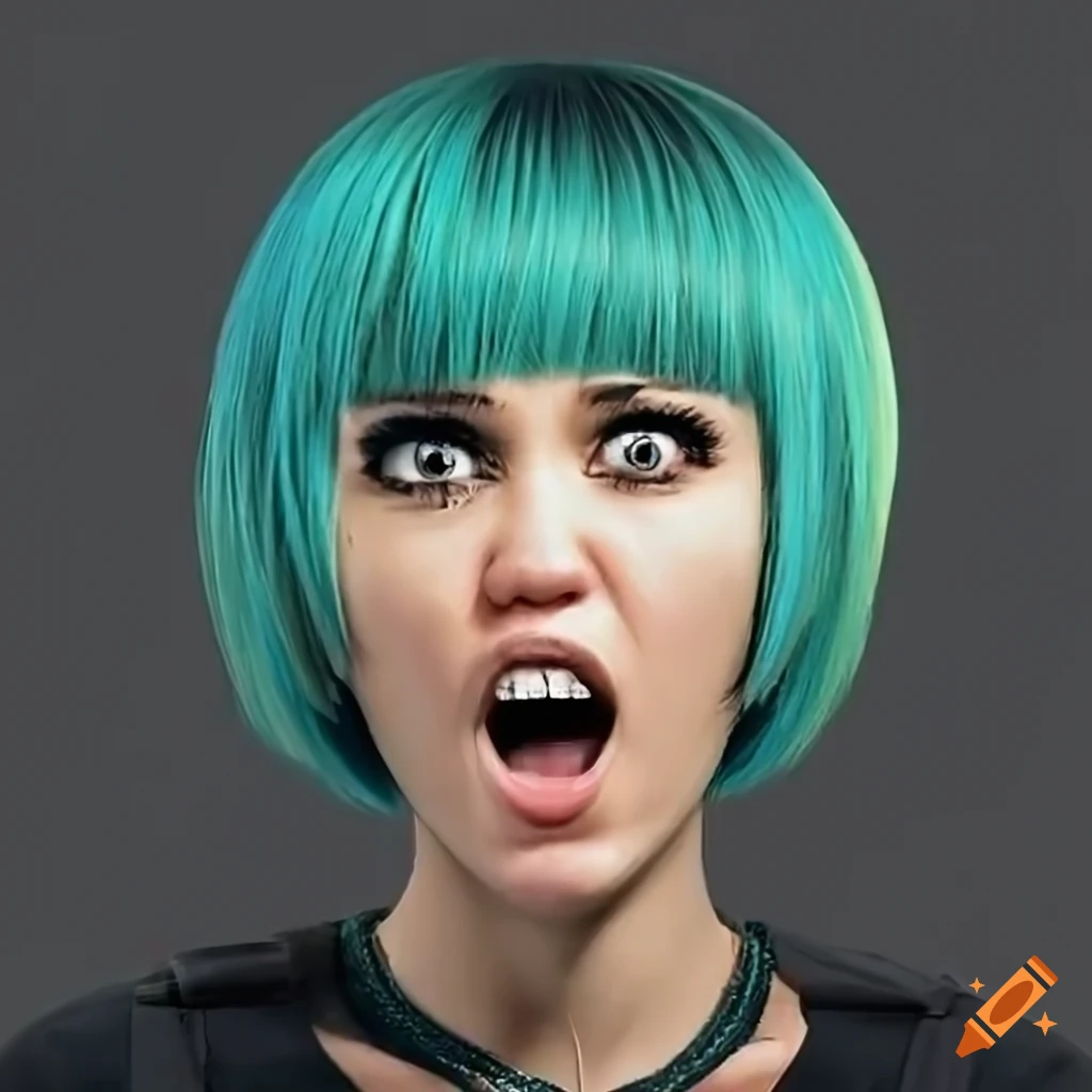 Miley Cyrus with shocked expression and heavy eye makeup on Craiyon