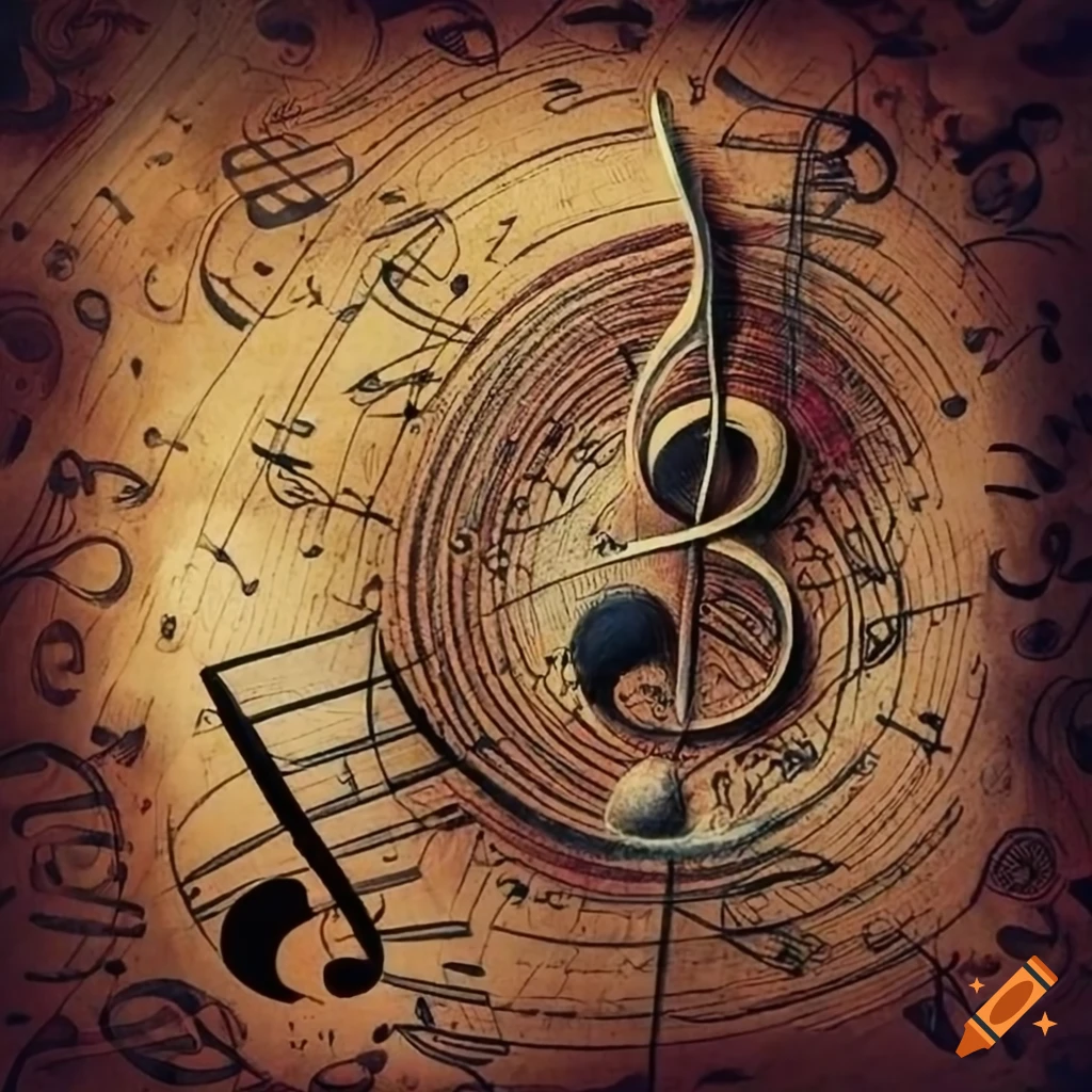 Intricately written music composition on ancient parchment with ...