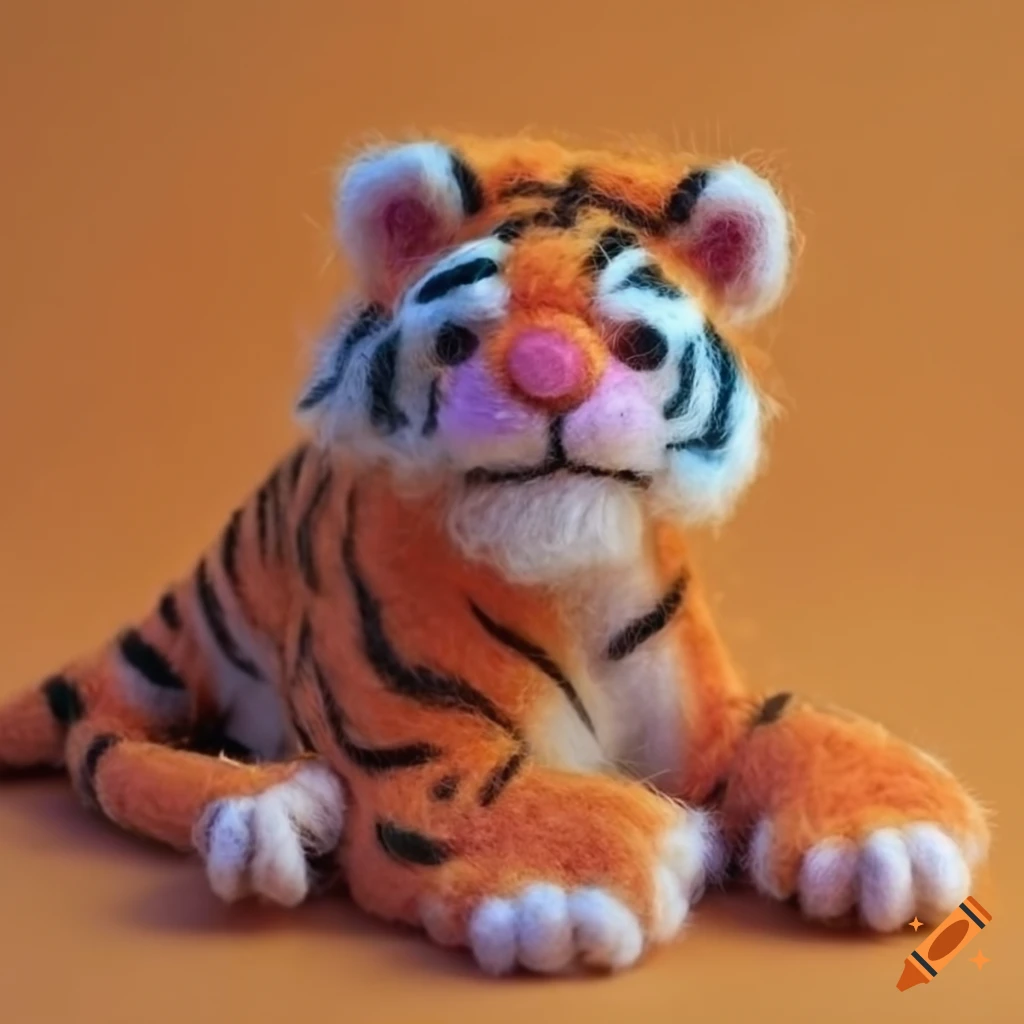Adorable fluffy tiger muppet with fluorescent red eyes on Craiyon