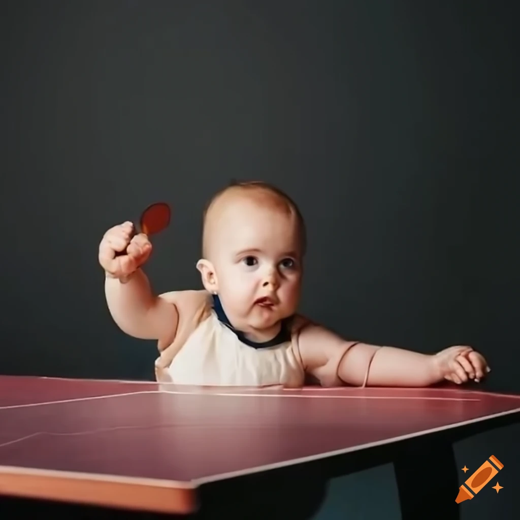 Baby playing ping pong with headphone on neck on Craiyon