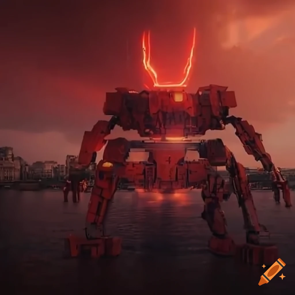 Colossal red mechs battling in a Paris landscape on Craiyon