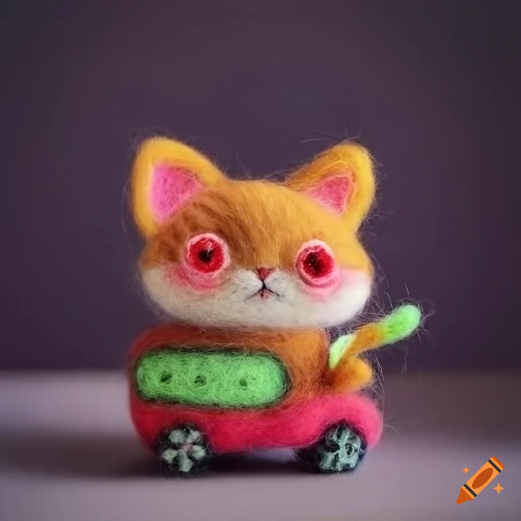 Felted Wool cute cat bus with fluorescent red eyes on Craiyon