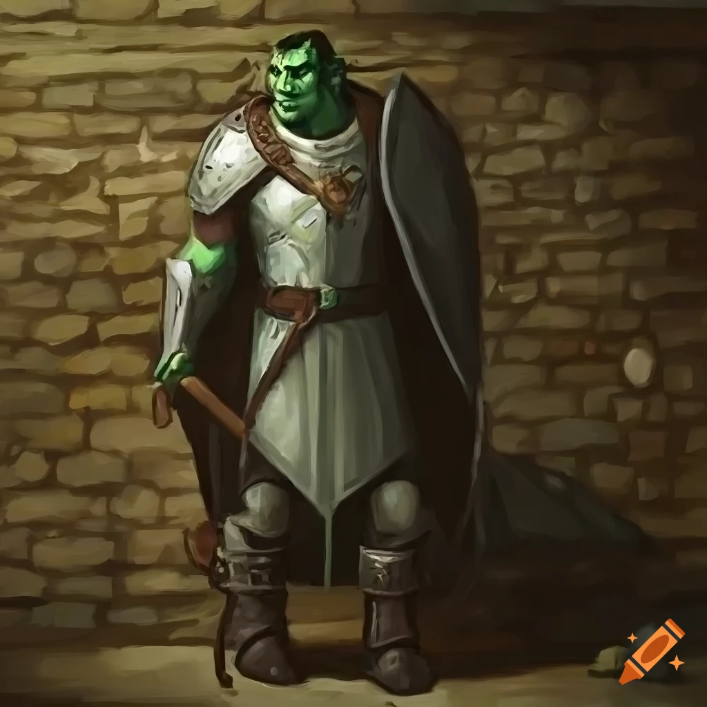 Oil painting-style depiction of a noble half-orc paladin in shining ...