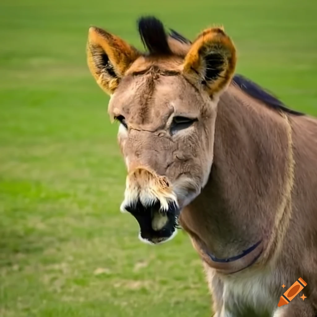 Hybrid creature with a lion's head and donkey's body in a meadow on Craiyon