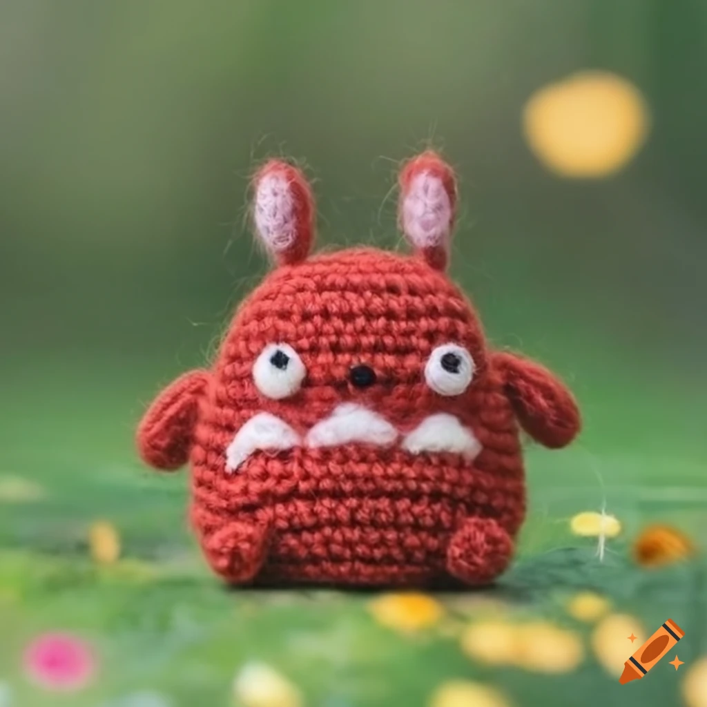 Cute red Totoro soft toy in a garden landscape on Craiyon