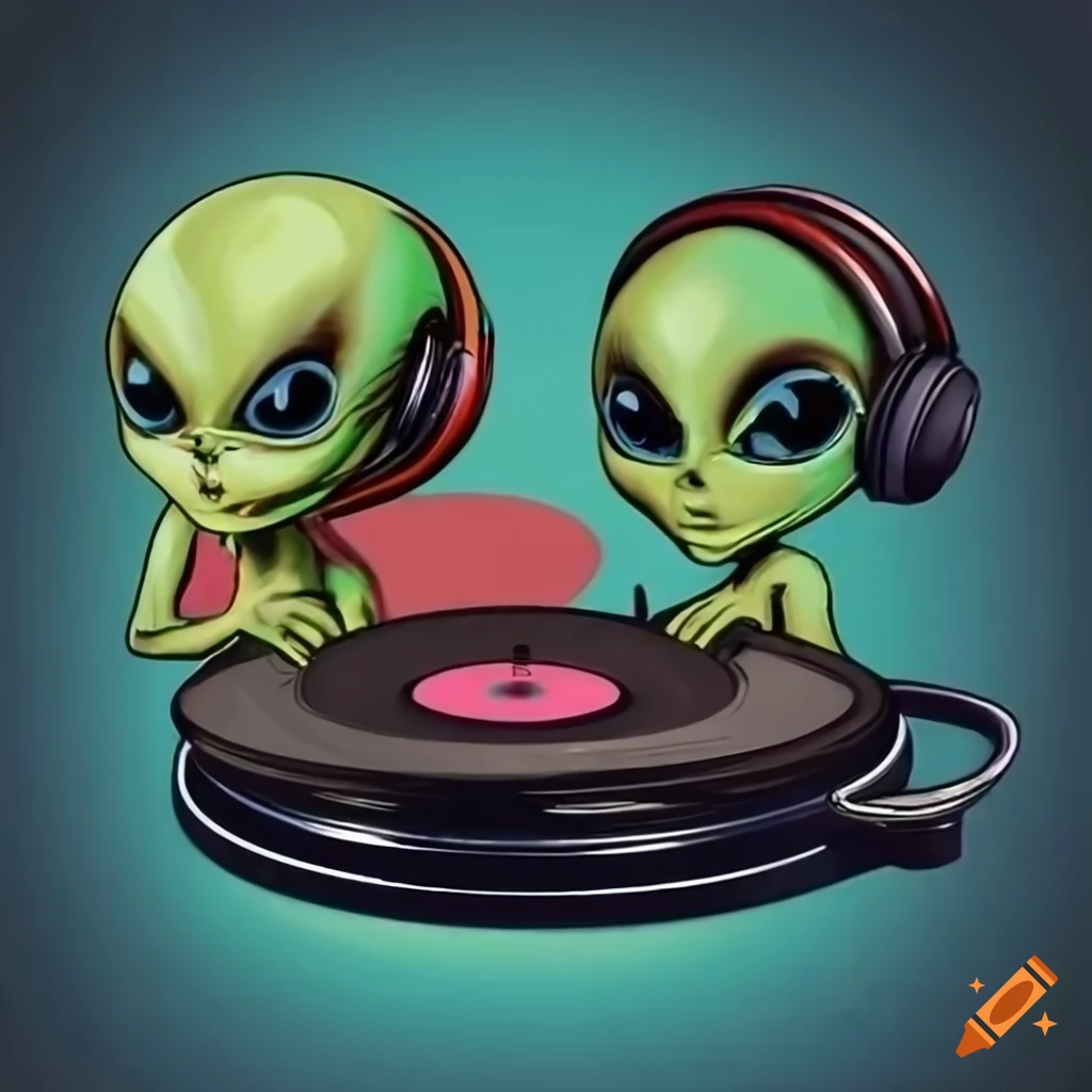 Curious aliens listening to vinyl records on a vintage player on Craiyon