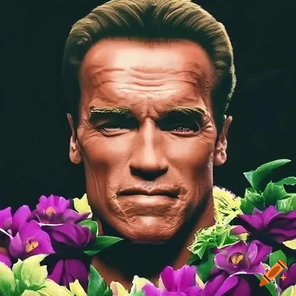 Legendary bodybuilder Arnold Schwarzenegger among vibrant flowers in a ...