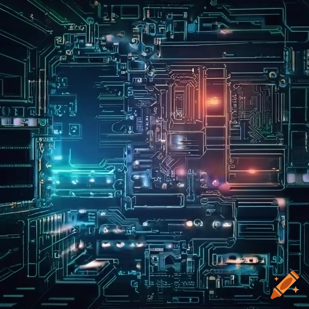 Futuristic landscape with a giant floating motherboard and shimmering ...