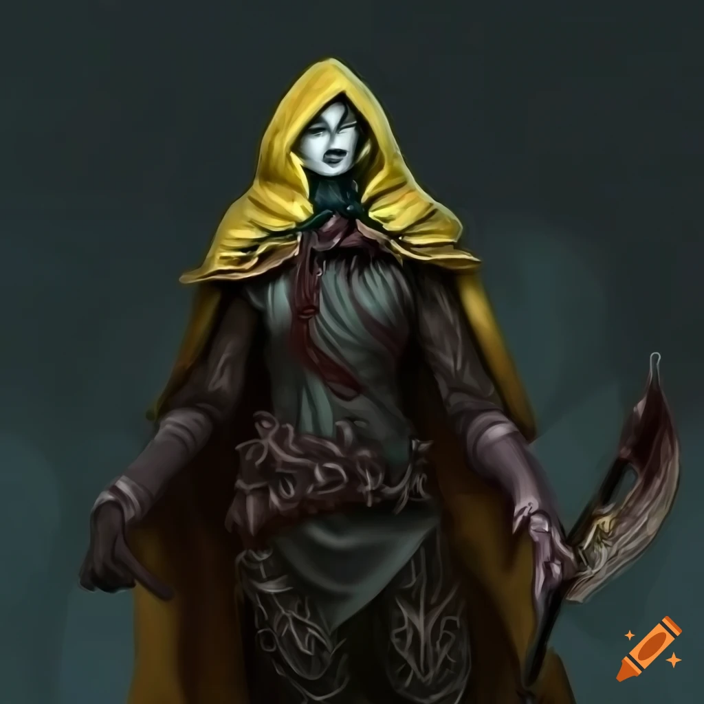 Eldritch dark elf with yellow hood and scythe on Craiyon