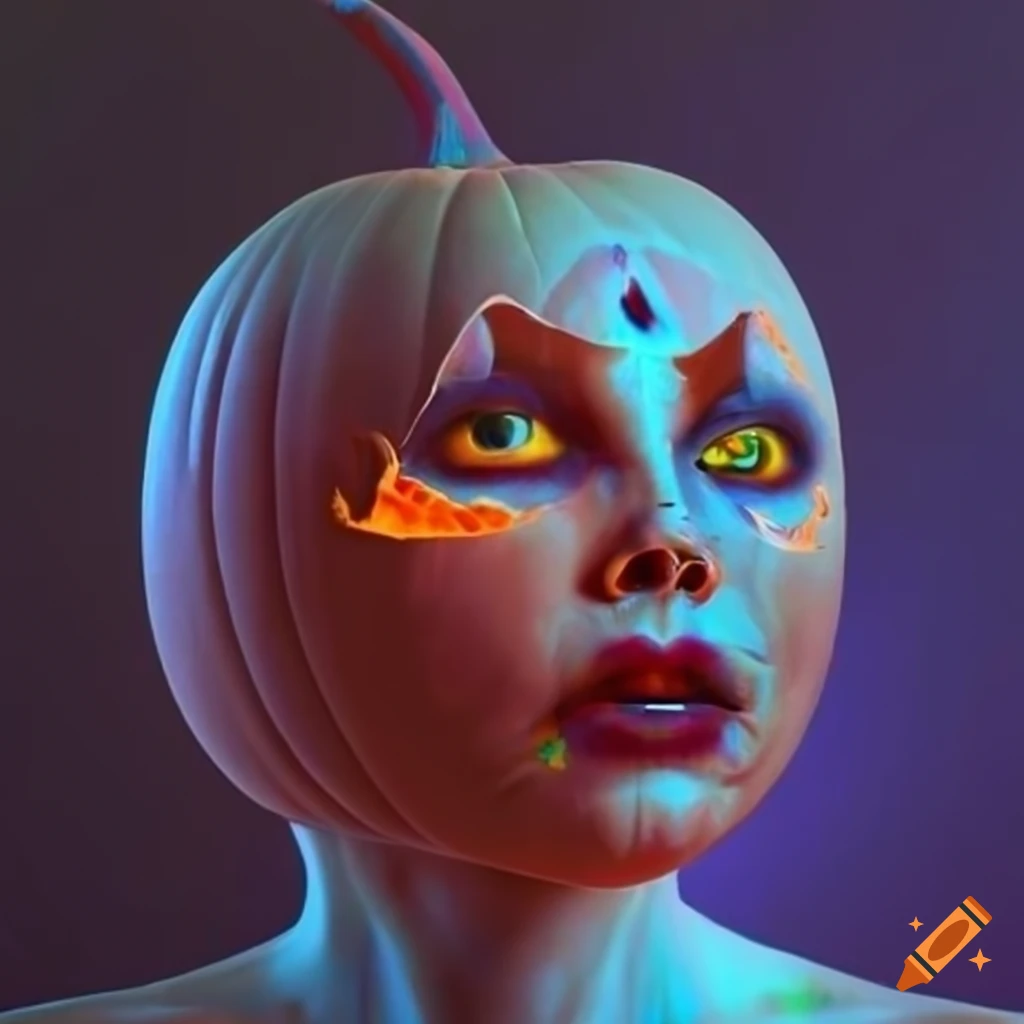 Jack o'lantern with feminine features in a digital art style on Craiyon
