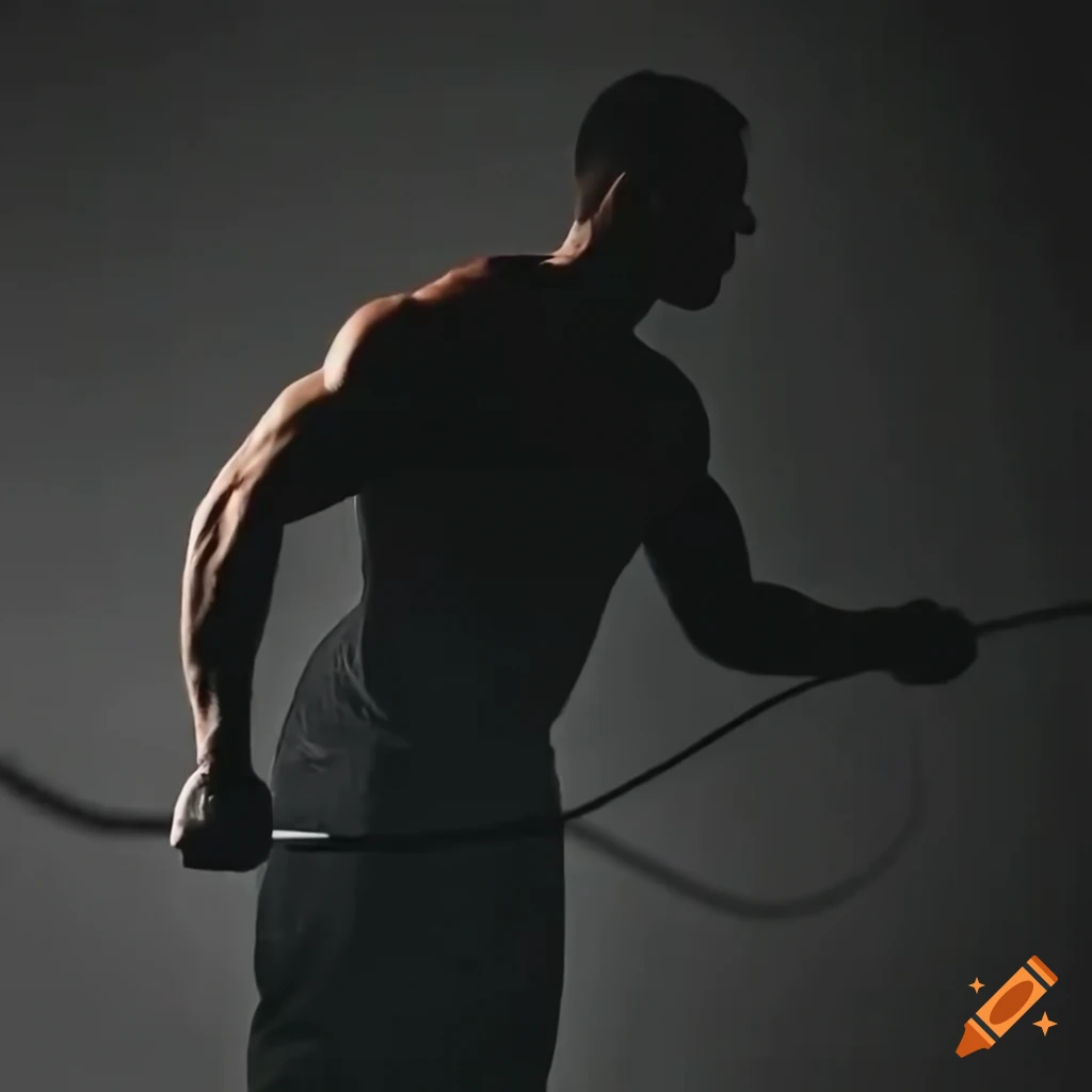 Man's shadow skipping rope in a well-lit CrossFit gym on Craiyon