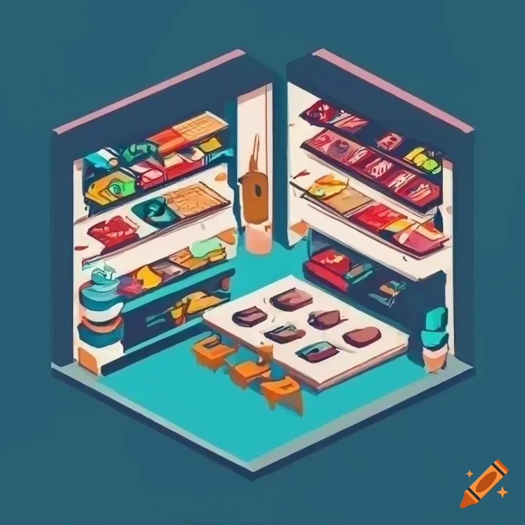 Painted interior of a store in a minimalistic isometric 2D game on Craiyon
