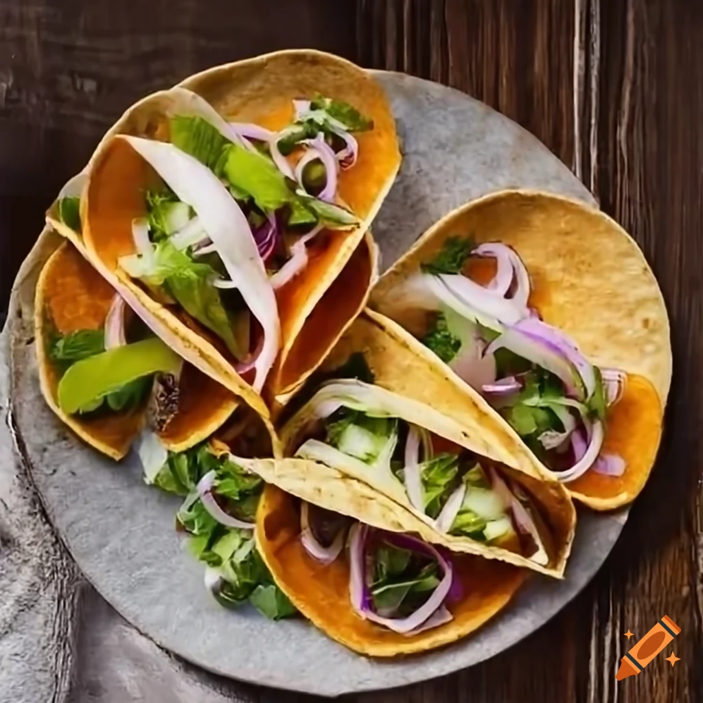 Boho style plate of tacos with a lake view on Craiyon