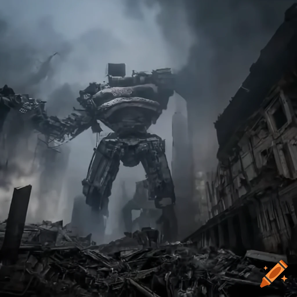 Colossal mecha battling in smoky ruins with collapsing buildings on Craiyon