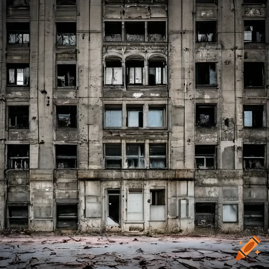 Abandoned office building facade on Craiyon