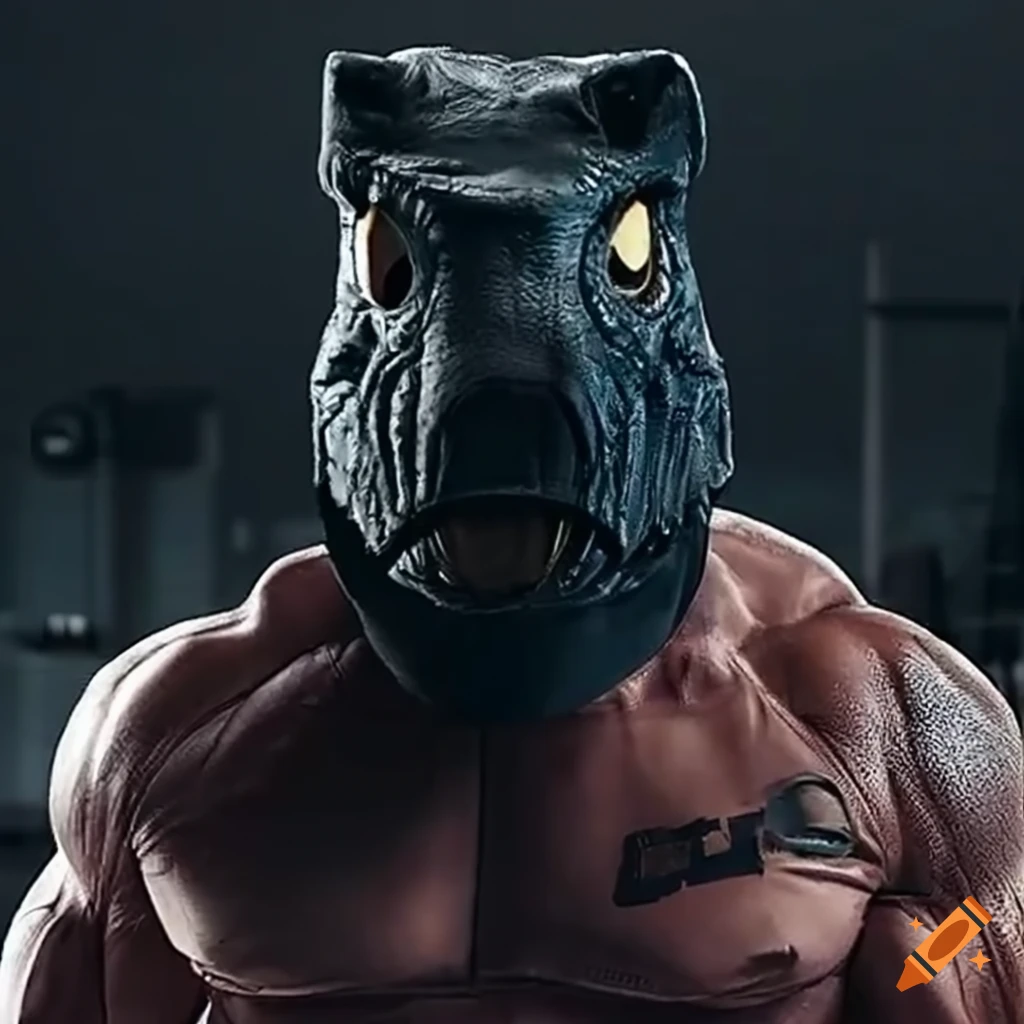 Intimidating gym coach wearing black T-Rex mask on Craiyon