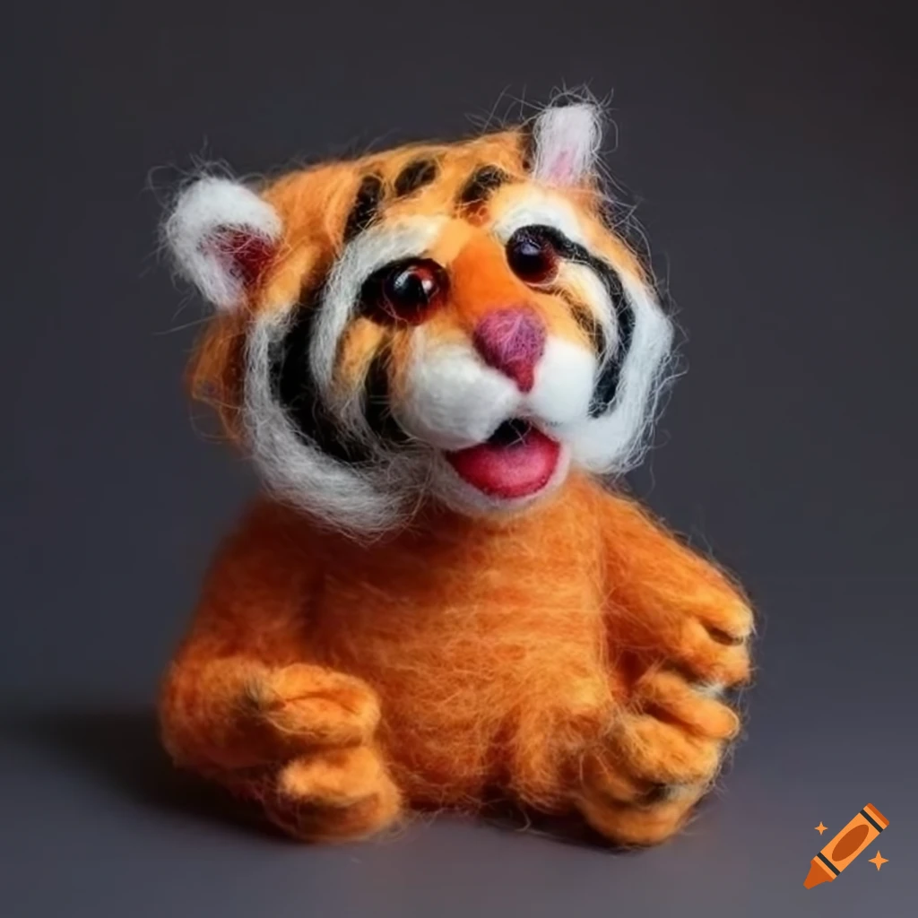 Adorable fluffy tiger muppet with fluorescent red eyes on Craiyon
