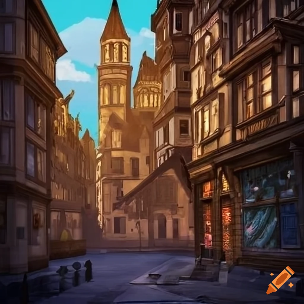 Medieval capital city street view with bustling crowd and merchand ...