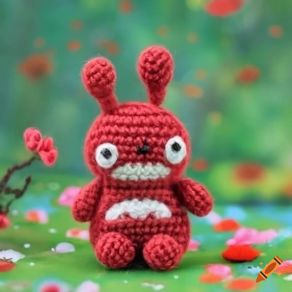 Cute red Totoro amigurumi on a garden landscape on Craiyon