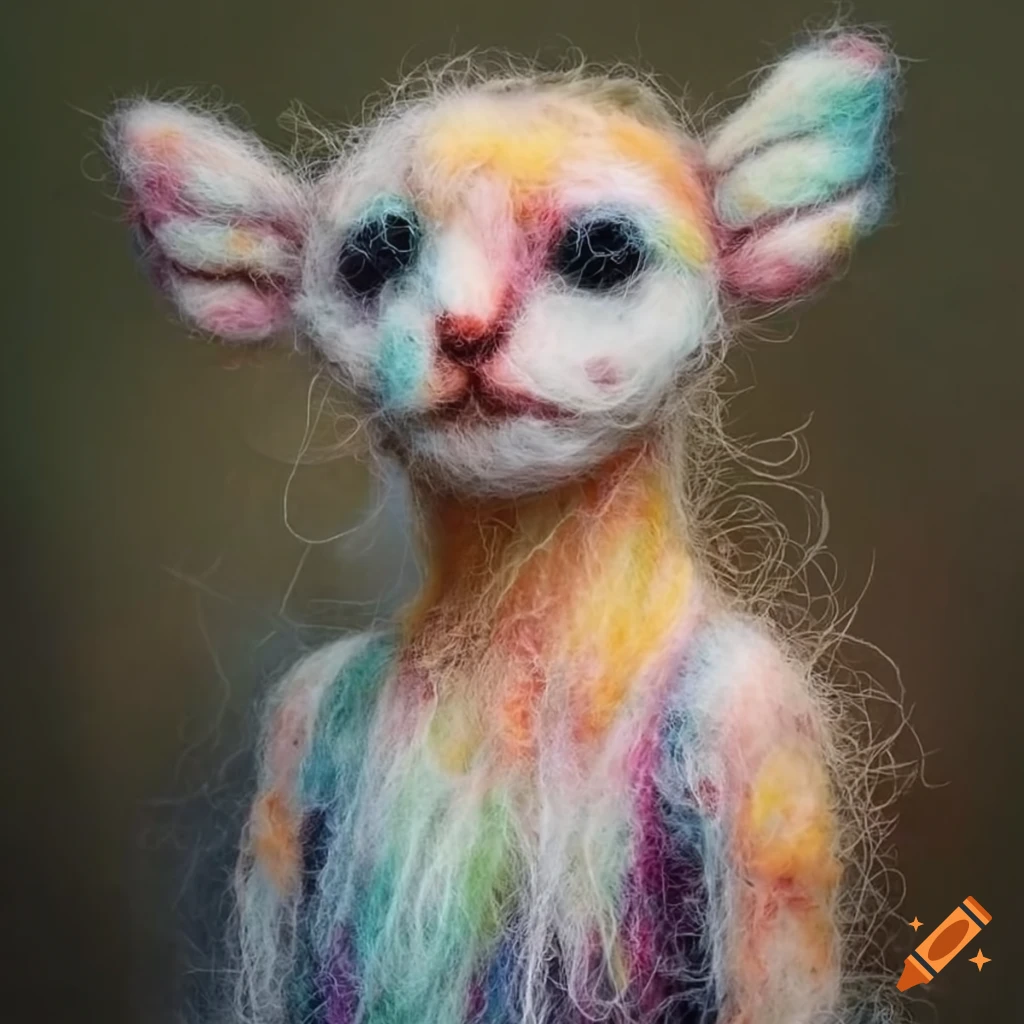 Felted wool creatures with colorful outfits and patterns on Craiyon