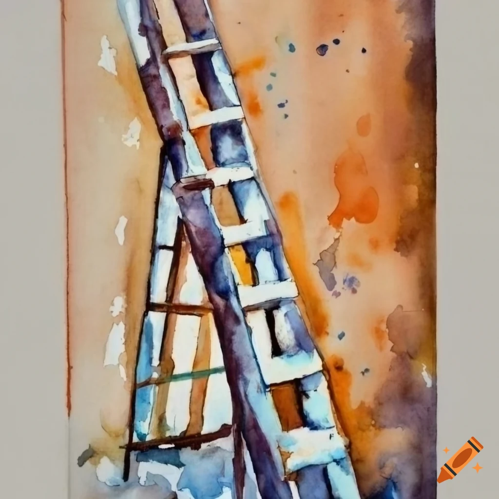 Watercolor painting of a long ladder against a wall on Craiyon