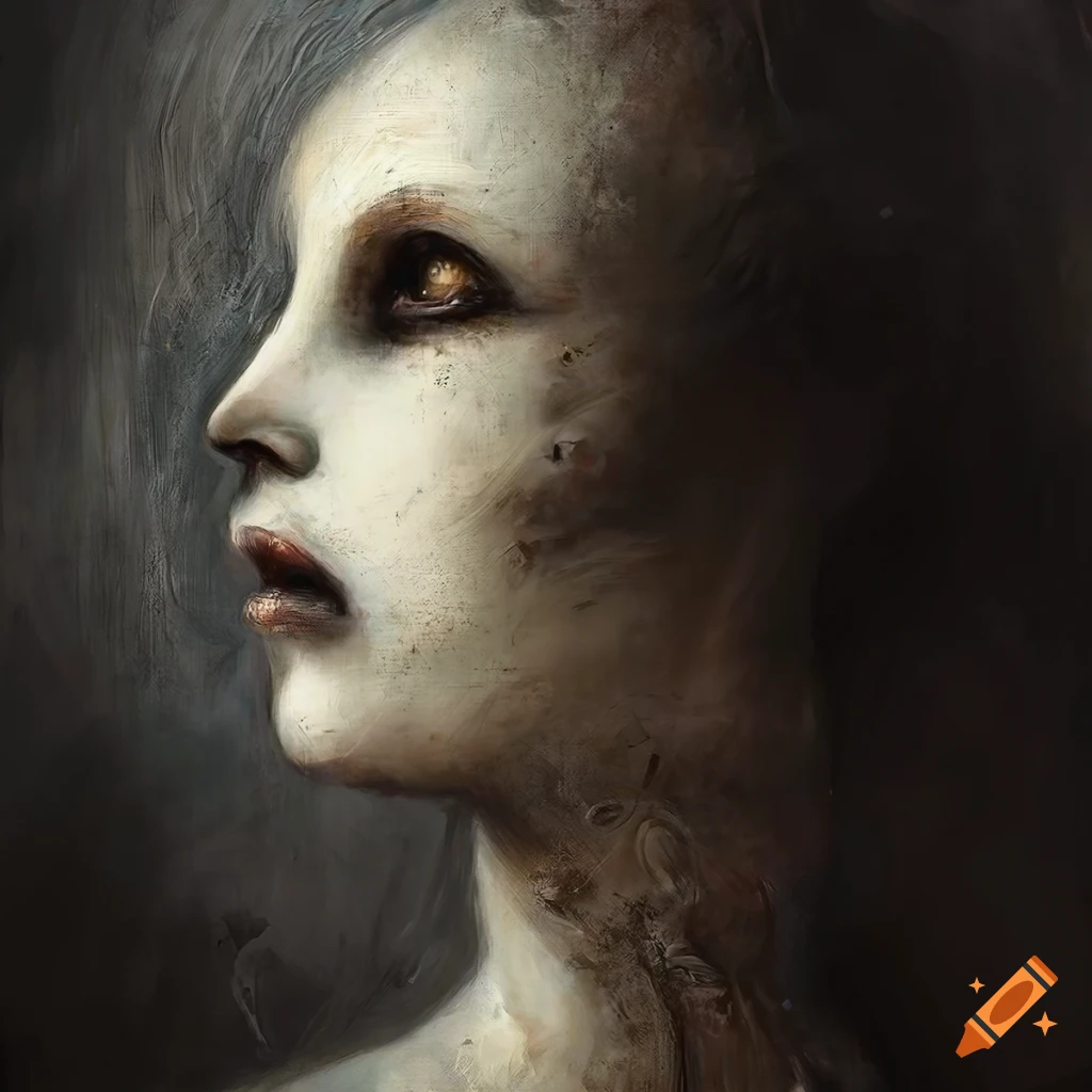 Dark abstract 17th century style oil painting of a pale creamy profile ...