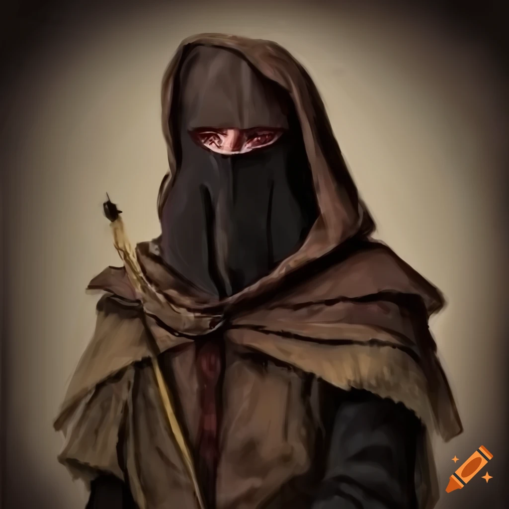 Medieval bandit in cloth and leather rags with a dark art style on Craiyon