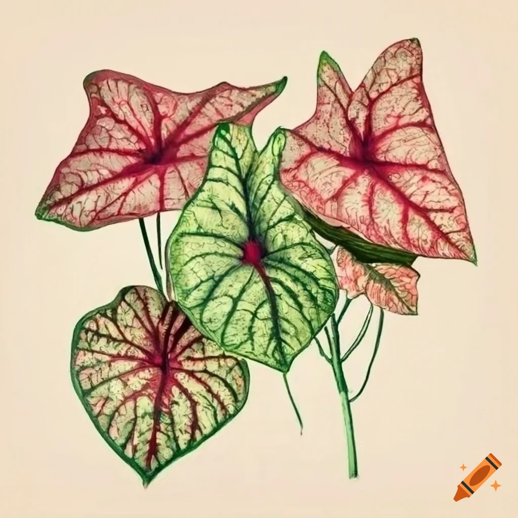 Vintage botanical drawing of Caladium plant in 18th century style on ...