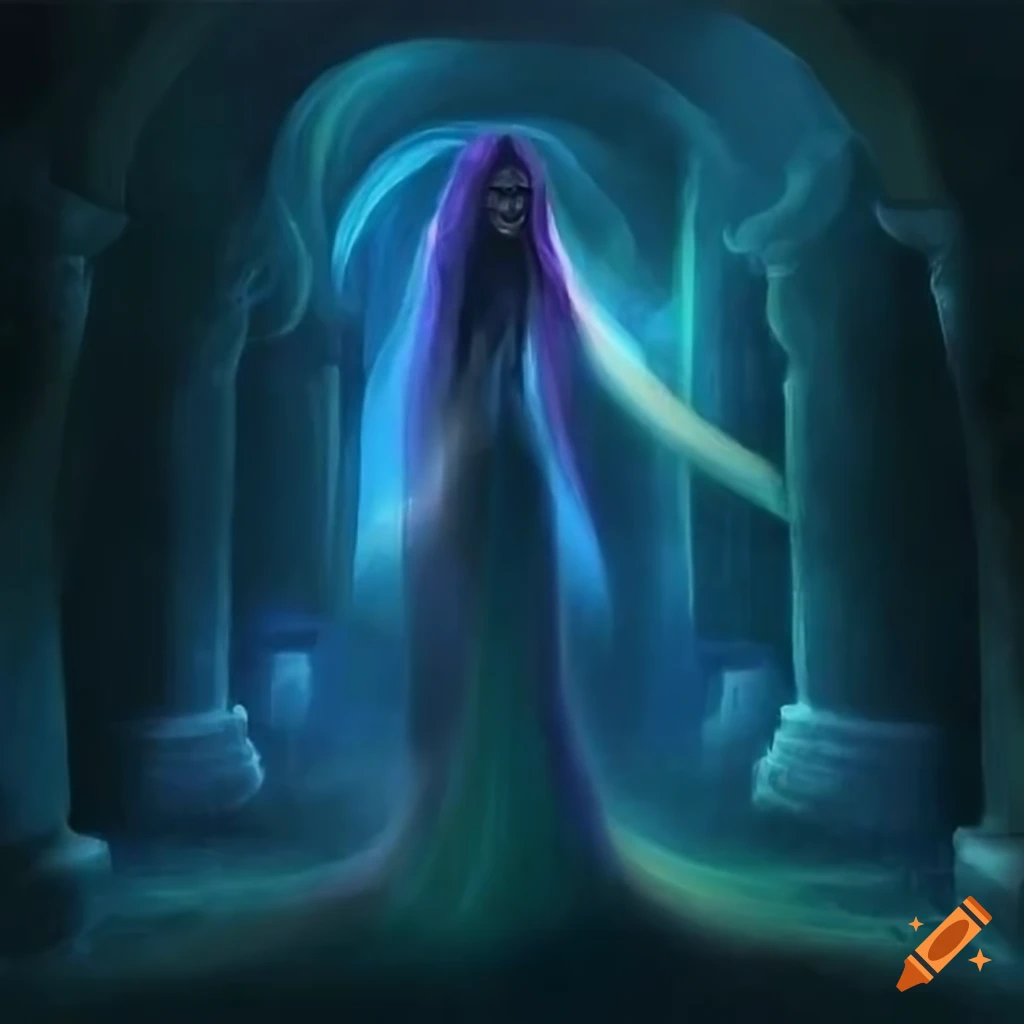 Spectral woman with long hair in a castle crypt surrounded by brilliant ...