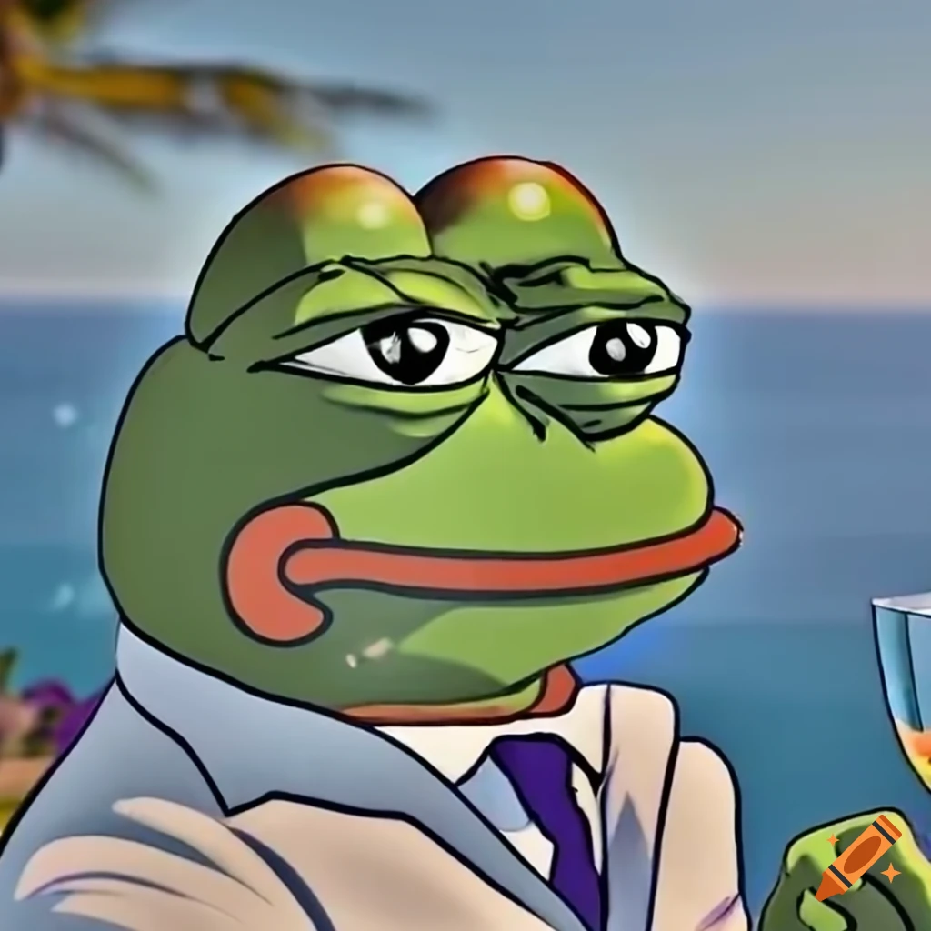 Cartoon frog lounging by infinity pool with ocean view from mansion ...