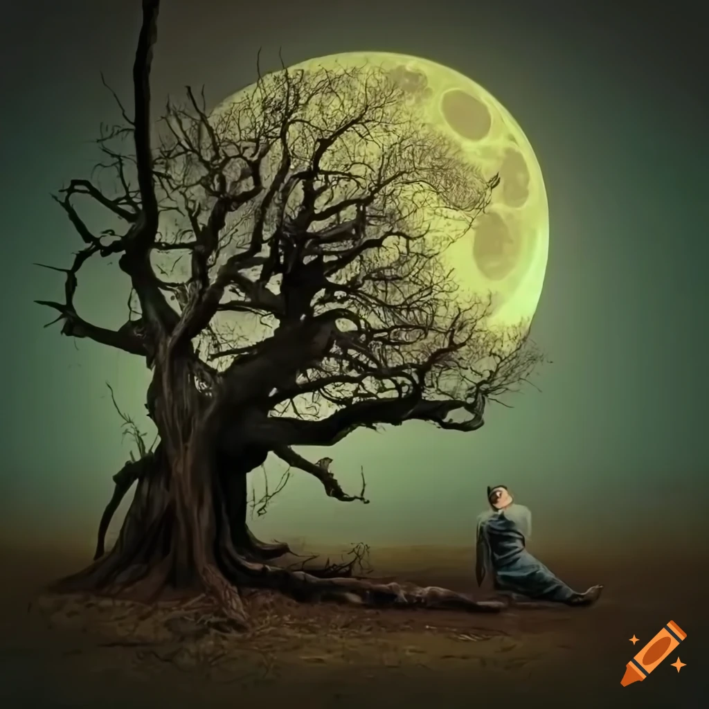 Old twisted oak tree illuminated by the moon with a man sitting under ...