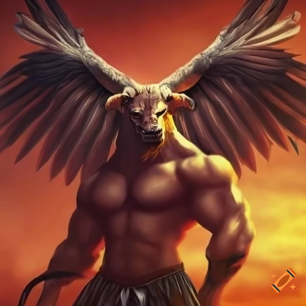 Mythical creature Minotaur with grand wings in a mystical land on Craiyon