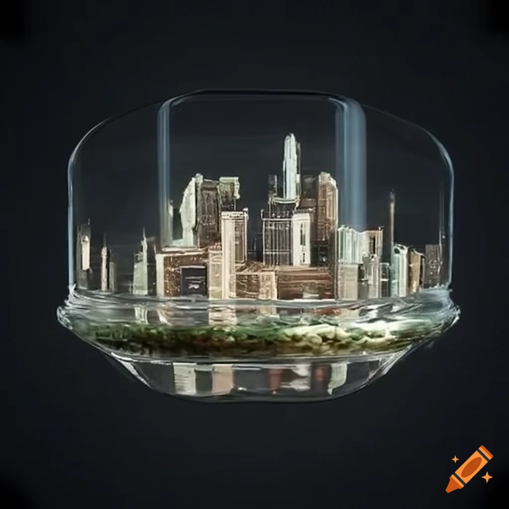 Intricate micro cityscape in a glass container on Craiyon