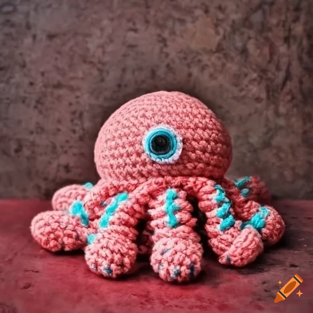 Colorful puffy fluffy fat octopus crochet doll on red concrete ...