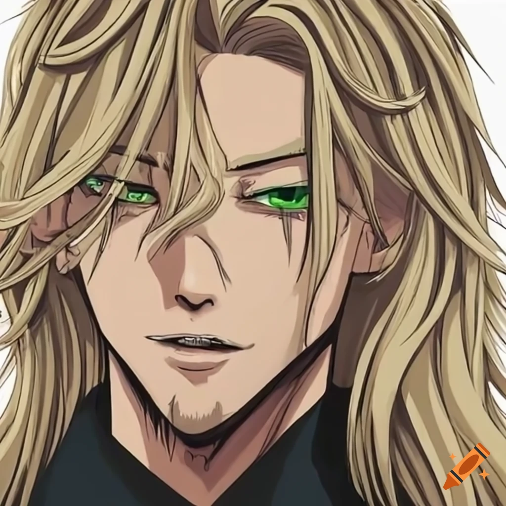 Male with blonde long hair and dark green eyes in jujutsu kaizen style ...