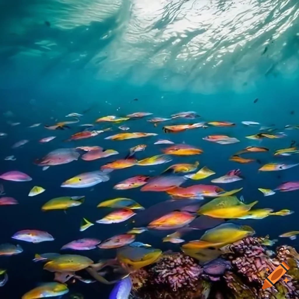Underwater shoal of colorful fish with sun rays breaking through on Craiyon